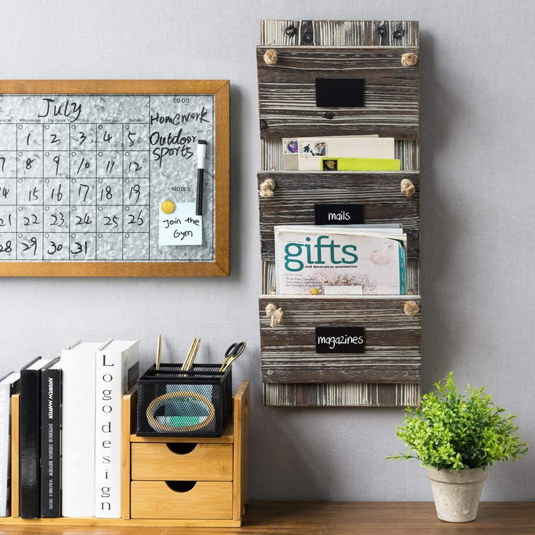 3 Compartment Torched Wood Mail Sorter with Chalkboard Labels, Wall Mo ...