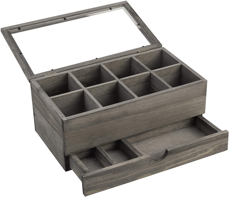 8-Slot Vintage Grey Tea Bag Storage Case with Clear Lid & Pullout Draw ...
