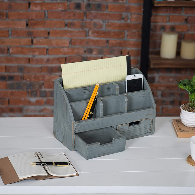 6-Compartment Dark Grey Distressed Wood Desk Organizer with 2 Drawers ...