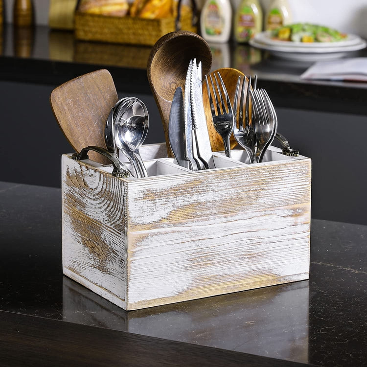 White Wood Dining Utensil Caddy and Napkin Holder, 4 Compartment Flatw ...