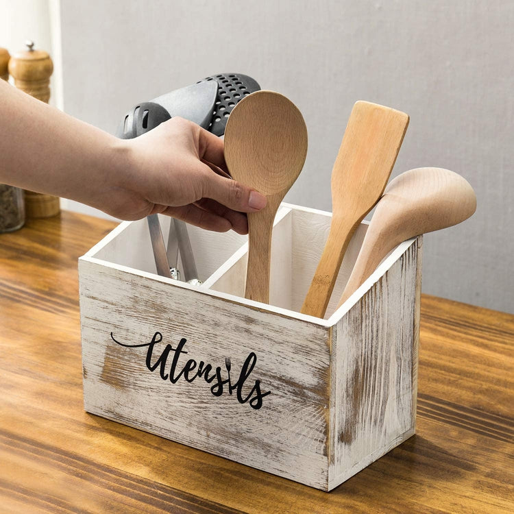 Rustic Whitewashed Solid Wood Kitchen Caddy with Cursive "Utensils" Te ...