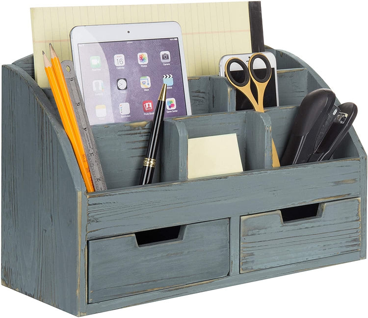 6-Compartment Dark Grey Distressed Wood Desk Organizer with 2 Drawers ...