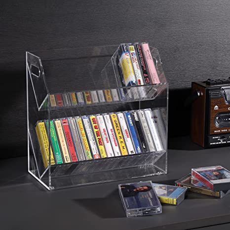 Clear Acrylic Cassette Tape Holder with Cutout Handles, 2 Tier Retro A ...