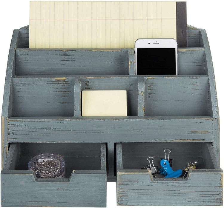 6-Compartment Dark Grey Distressed Wood Desk Organizer with 2 Drawers ...