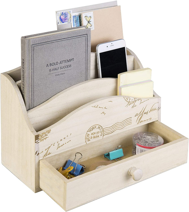 Postcard Design Whitewashed Wood Desktop Mail Holder with Drawer – MyGift