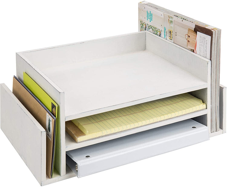 3-Tier Vintage White Wood Office Desktop File & Document Tray and Mail ...