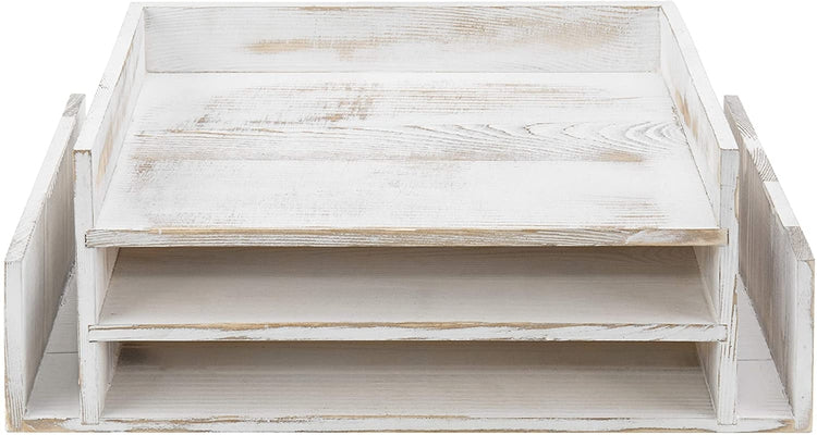 3-Tier Whitewashed Wood Office Desktop File & Document Tray and Mail S ...