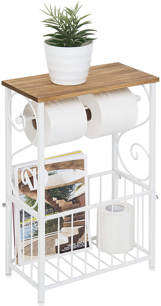Brown Wood, White Metal Scroll Bathroom Storage Table with Dual Toilet ...