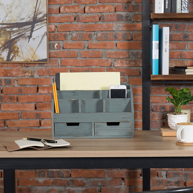 6-Compartment Dark Grey Distressed Wood Desk Organizer with 2 Drawers ...