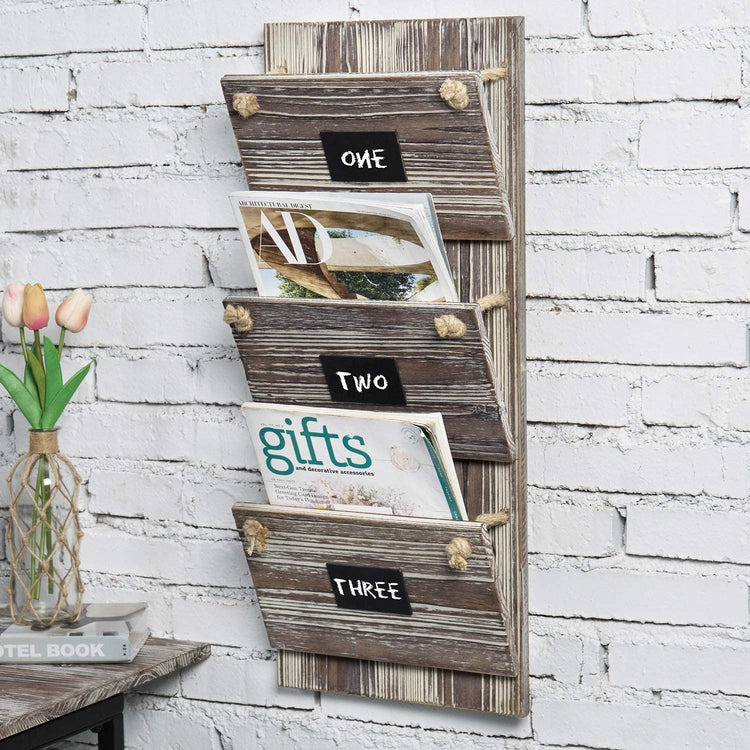 3 Compartment Torched Wood Mail Sorter with Chalkboard Labels, Wall Mo ...