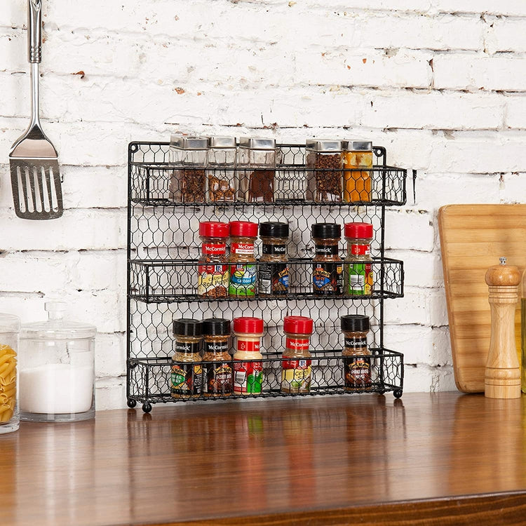 Wall-Mounted Black Wire Spice Rack or Organizer Shelves with 3 Tiers ...