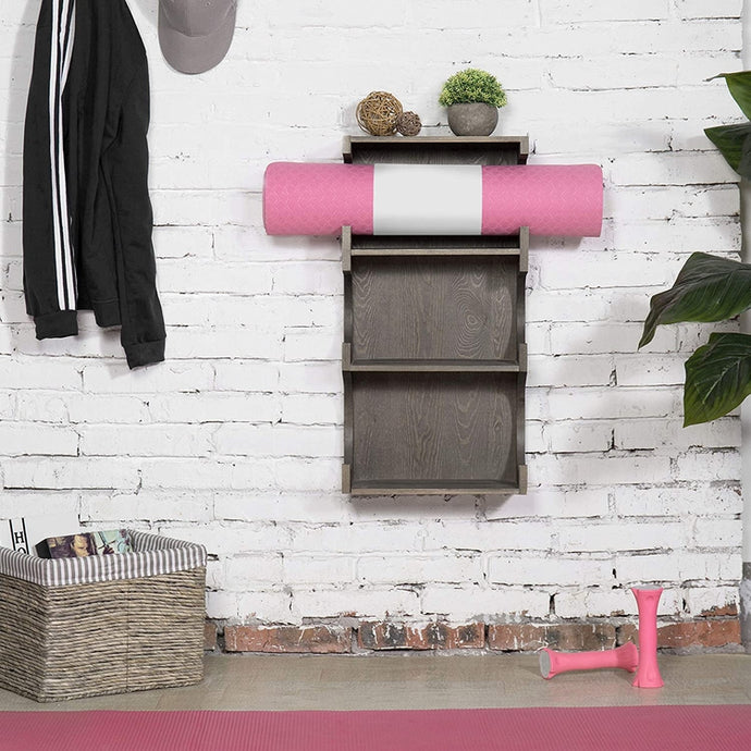 Wall-Mounted Vintage Gray Wood 3-Tier Yoga and Barre Mat Storage Rack ...