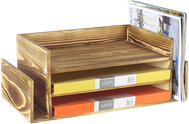 3 Tier Rustic Wood Desktop File Document Tray & Office Mail Storage Or ...