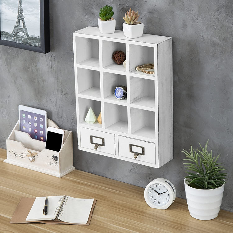 9-Slot White Wall-Mounted Shadow Box Display Shelf with 2 Pullout Draw ...