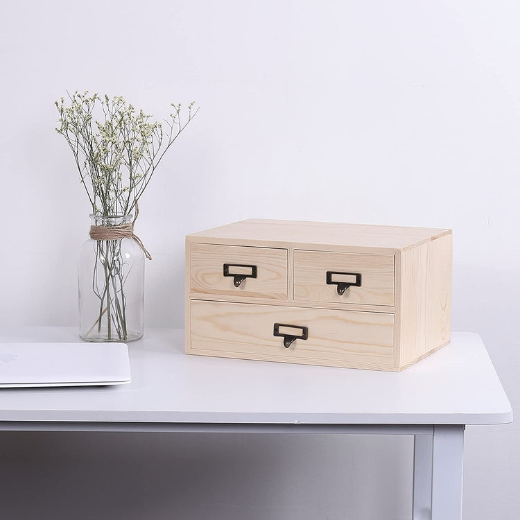3-Drawer Natural Wood Office Storage Drawer Desktop Organizer Shelf ...