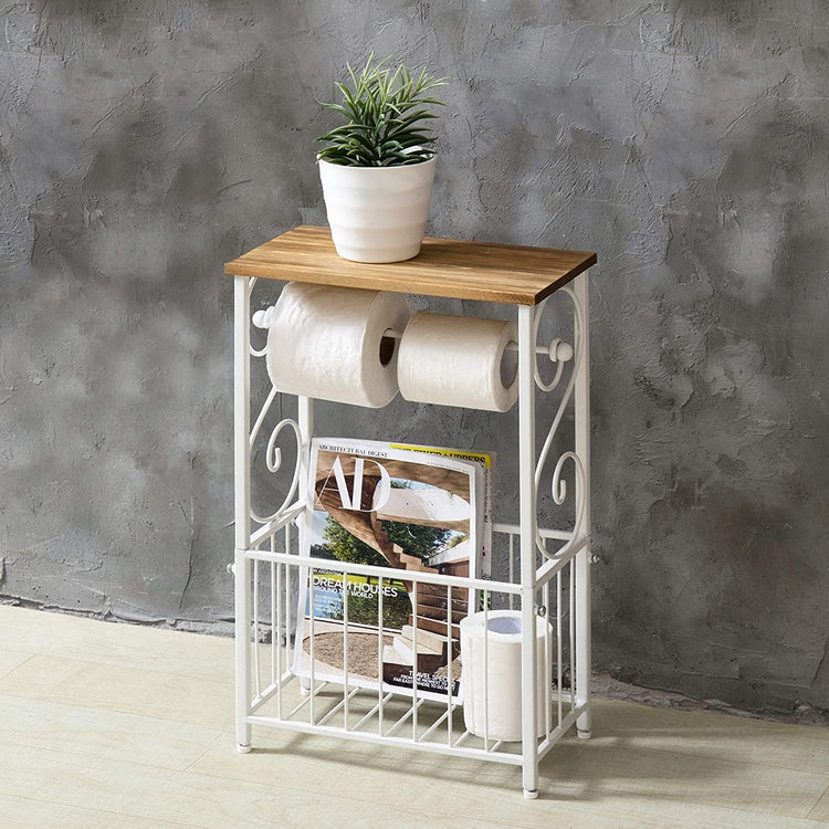 Brown Wood White Metal Scroll Bathroom Storage Table with Dual Toilet Paper Dispenser and Magazine Rack