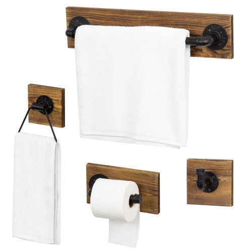 4-Piece Dark Brown Wood & Metal Pipe Bathroom Set – MyGift