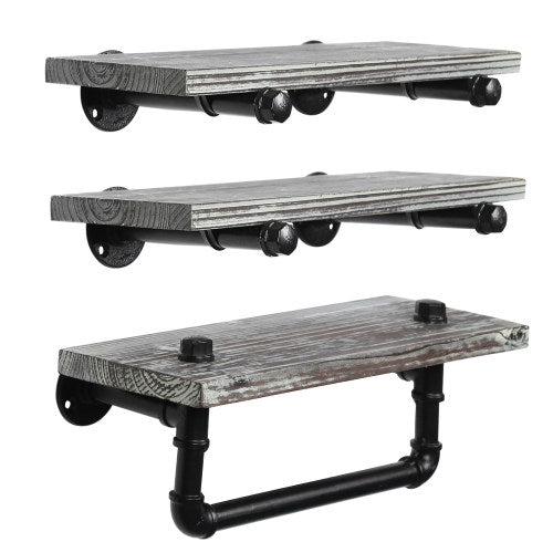 Torched Wood/ Industrial Pipe Bathroom Shelf Set w/ Towel Bar – MyGift