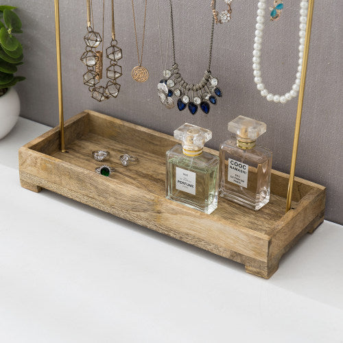 Modern Brass-Tone Metal Jewelry Rack w/ Natural Mango Wood Tray – MyGift