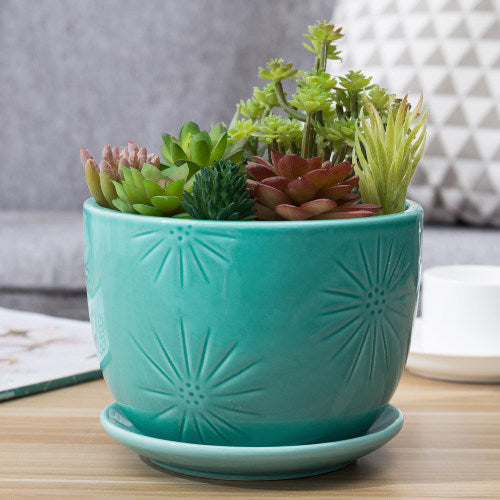 Aqua Blue Sunburst Ceramic Round Planter Pot w/ Saucer – MyGift
