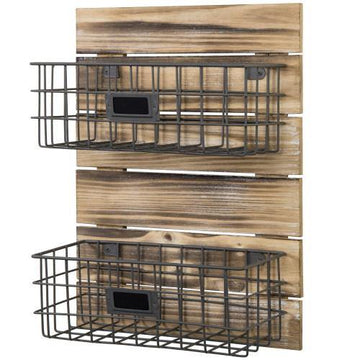 Rustic Wood & Metal Wire Wall-Mounted Basket Rack w/ Label Holders – MyGift
