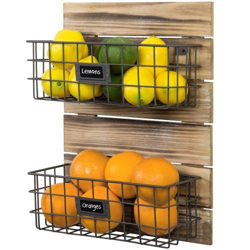 Rustic Wood & Metal Wire Wall-Mounted Basket Rack w/ Label Holders – MyGift