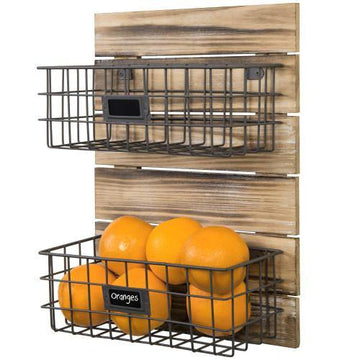 Rustic Wood & Metal Wire Wall-Mounted Basket Rack w/ Label Holders – MyGift