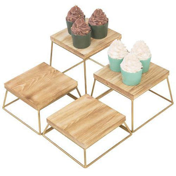 Burnt Wood & Gold Metal Square Display Risers/Pizza Stands, Set of 4 ...