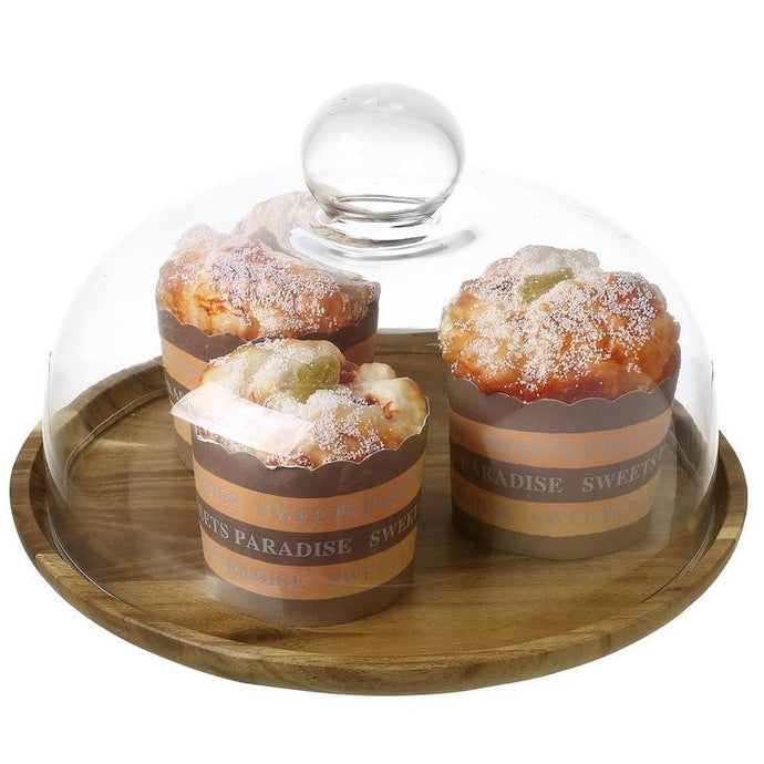 Clear Cake Dessert Glass Cloche Dome with Acacia Wood Serving Tray, 9 ...