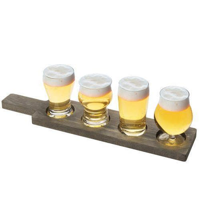 Craft Beer Tasting Flight Set with 4 Glasses & Gray Wood Paddle Servin ...