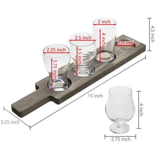 Craft Beer Tasting Flight Set with 4 Glasses & Gray Wood Paddle Servin ...