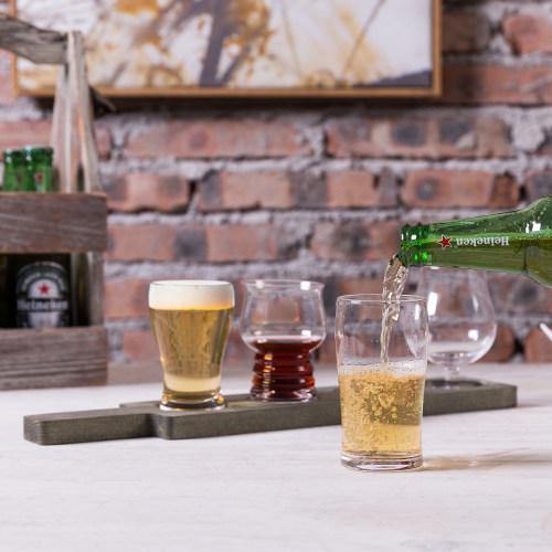 Craft Beer Tasting Flight Set with 4 Glasses & Gray Wood Paddle Servin ...