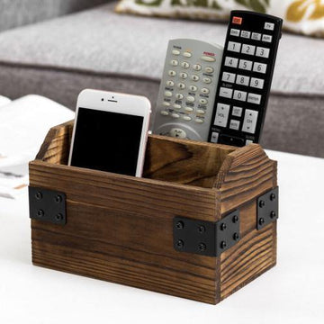 Rustic Dark Brown Burnt Wood Remote Control Holder Black Metal Accents ...