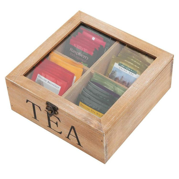 Rustic Wood Tea Storage Box with Clear Lid, Brown – MyGift