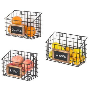 Set of 3 Wall-Mounted Rustic Wire Storage Baskets w/Chalkboard Labels ...