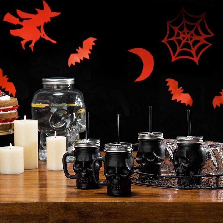 Set Of 4 Matte Black Glass Skull Shaped Drink Cups Myt